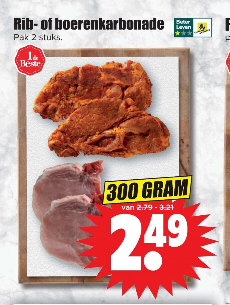 Rib- of boerenkarbonade pak 2 stuks 300 gram aanbieding bij Dirk