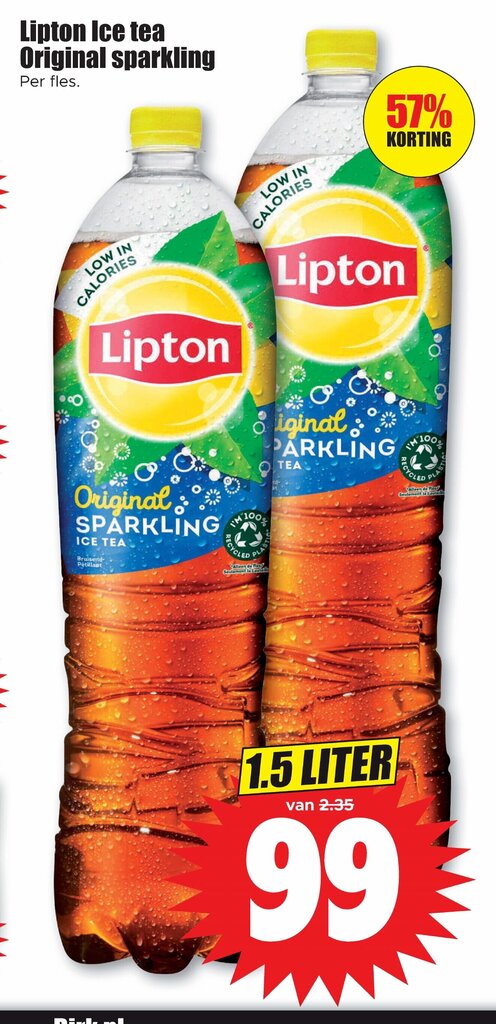 Lipton Ice tea Original sparkling per fles 1.5 liter aanbieding bij Dirk