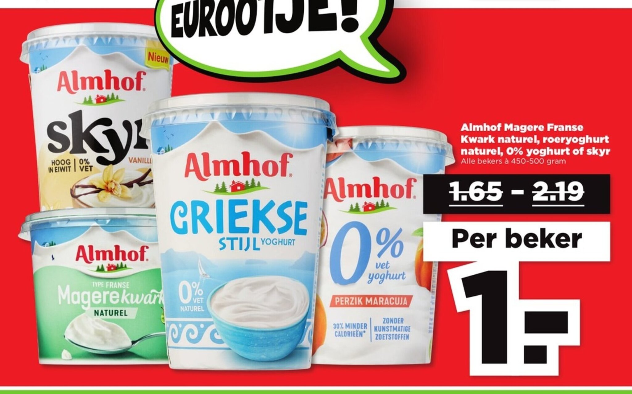 Almhof magere franse kwark naturel 0% yoghut per beker aanbieding bij PLUS