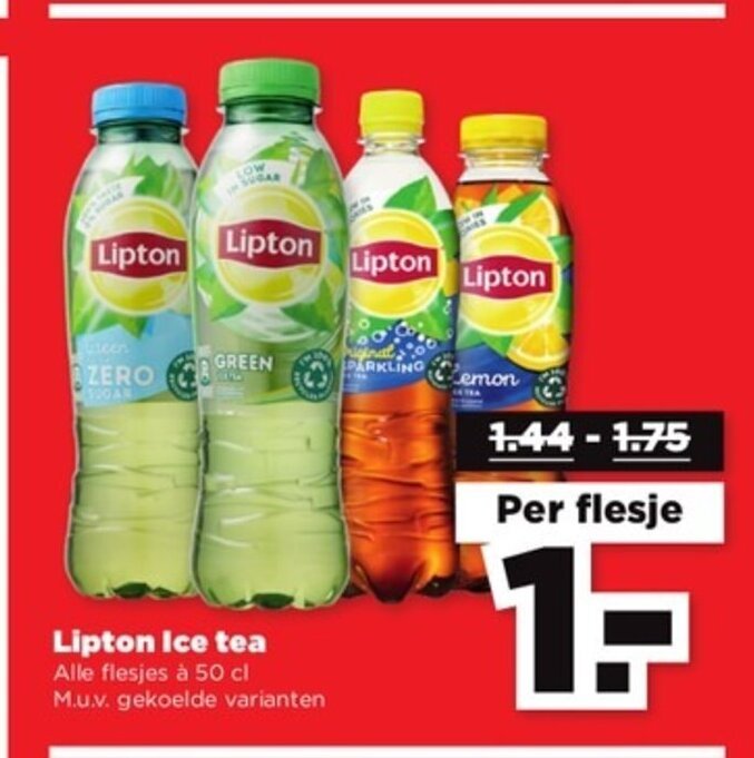 Lipton Ice tea 50cl per flesje aanbieding bij PLUS