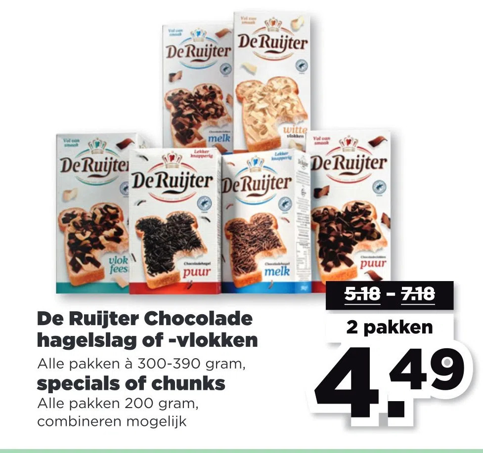 De ruijter chocolade hagelslag of -vlokken aanbieding bij PLUS