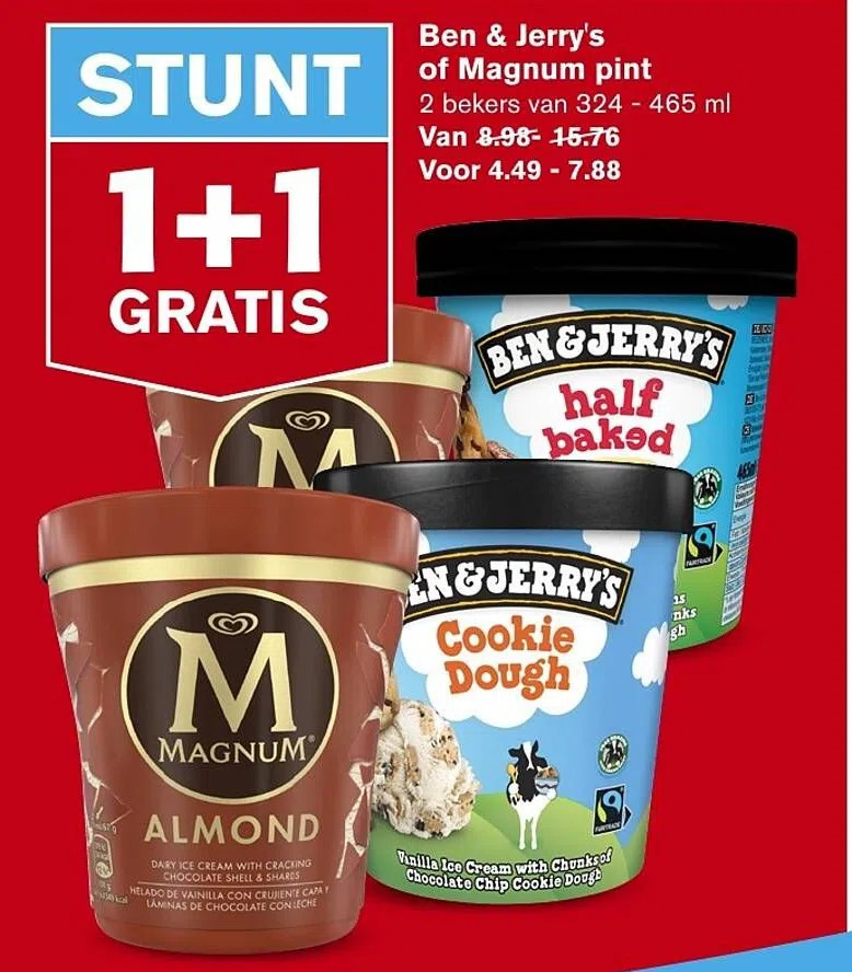 Ben & jerry's of magnum pint 1+1 gratis, vanaf aanbieding bij Hoogvliet
