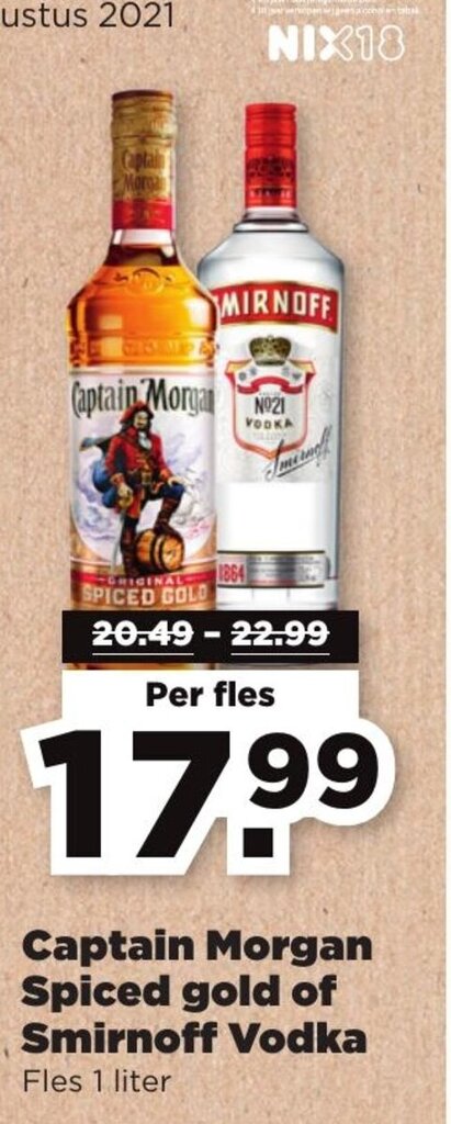 Captain Morgan Spiced Gold of Smirnoff Vodka aanbieding bij PLUS