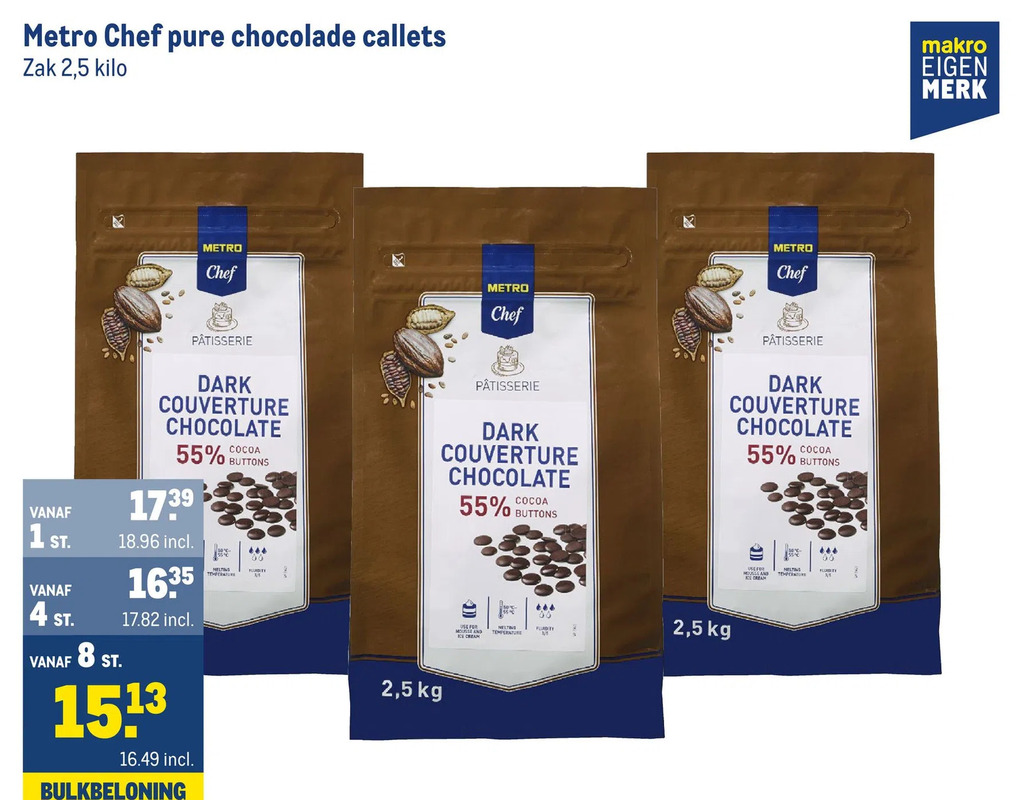 Metro chef pure chocolade callets zak 2,5 kilo aanbieding bij Makro