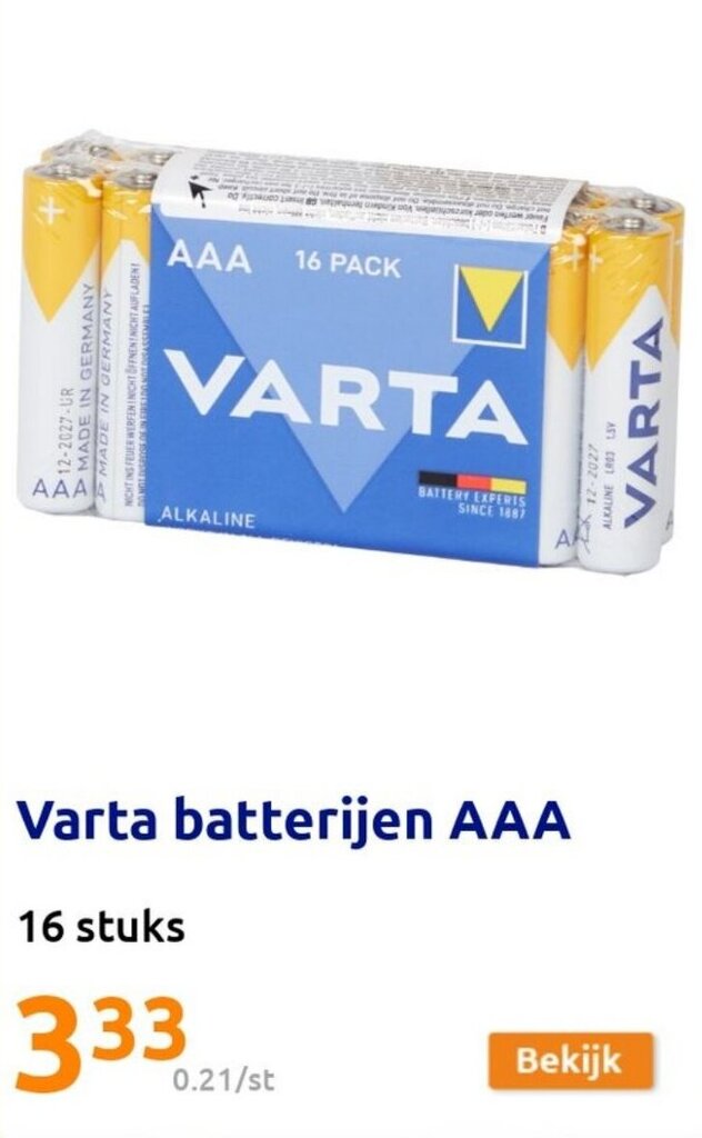 Varta batterijen AAA 16 stuks aanbieding bij Action