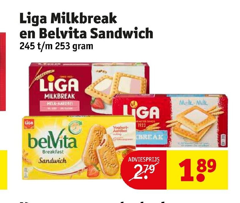 Liga Milkbreak en Belvita Sandwich 245 t/m 253 gram aanbieding bij Kruidvat