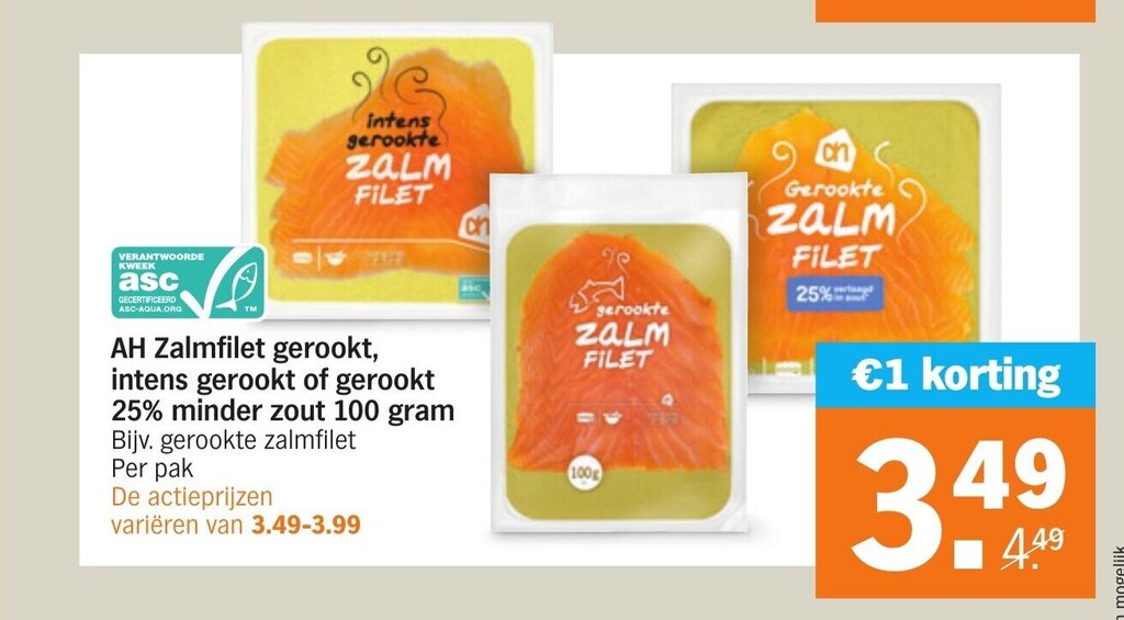 AH Zalmfilet gerookt, intens gerookt of gerookt 25% minder zout 100 ...