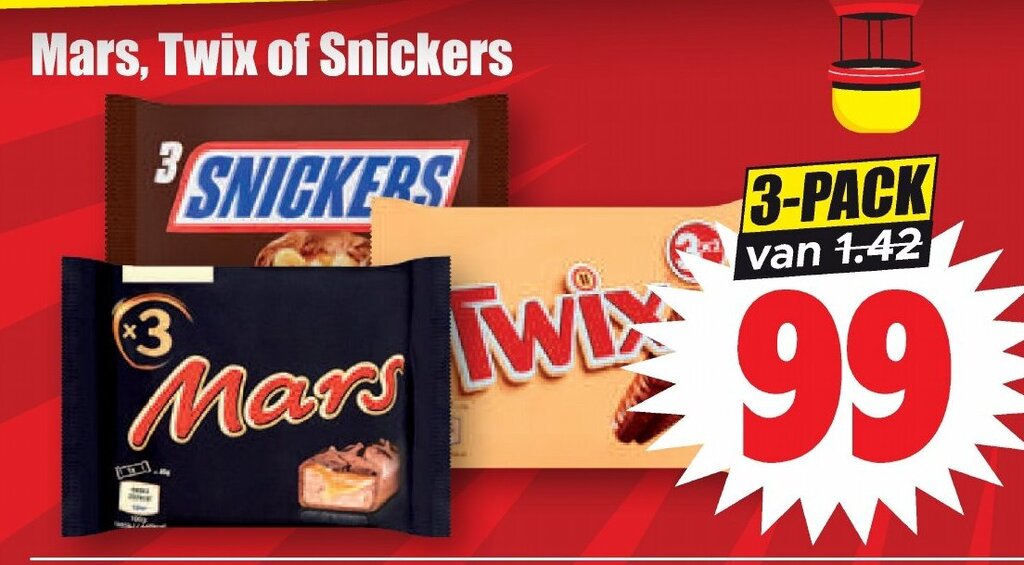 Mars, twix of snickers 3-pack aanbieding bij Dirk