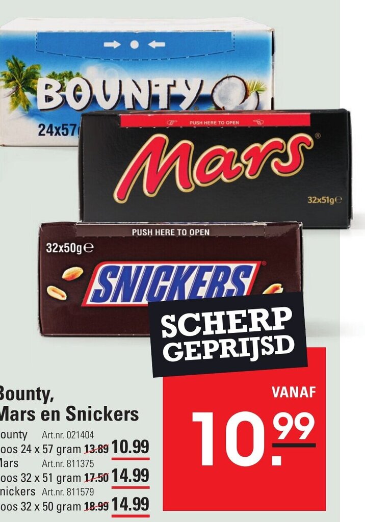 Bounty, Mars en Snickers 24 x 57 gram aanbieding bij Sligro