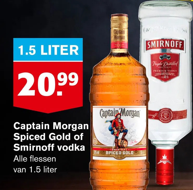 Captain morgan spiced gold of smirnoff vodka aanbieding bij Hoogvliet