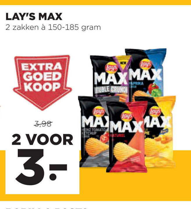 Lay's Max 2 zakken a 150-185 gram aanbieding bij Jumbo