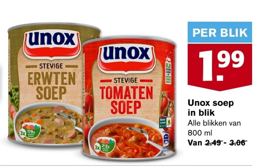 Unox soep in blik 800ml aanbieding bij Hoogvliet