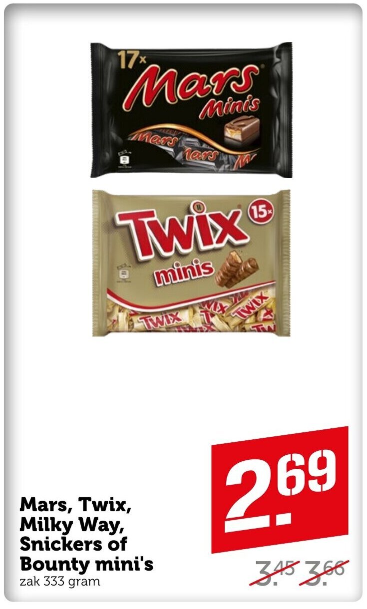 Mars, twix, milky way, snickers of bounty mini's 333g aanbieding bij Coop