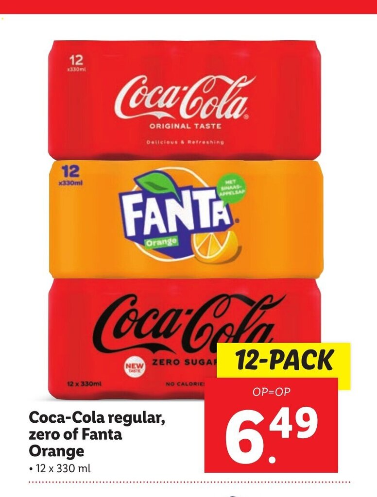 Coca-Cola regular, zero of Fanta Orange 12 x 330 ml aanbieding bij Lidl