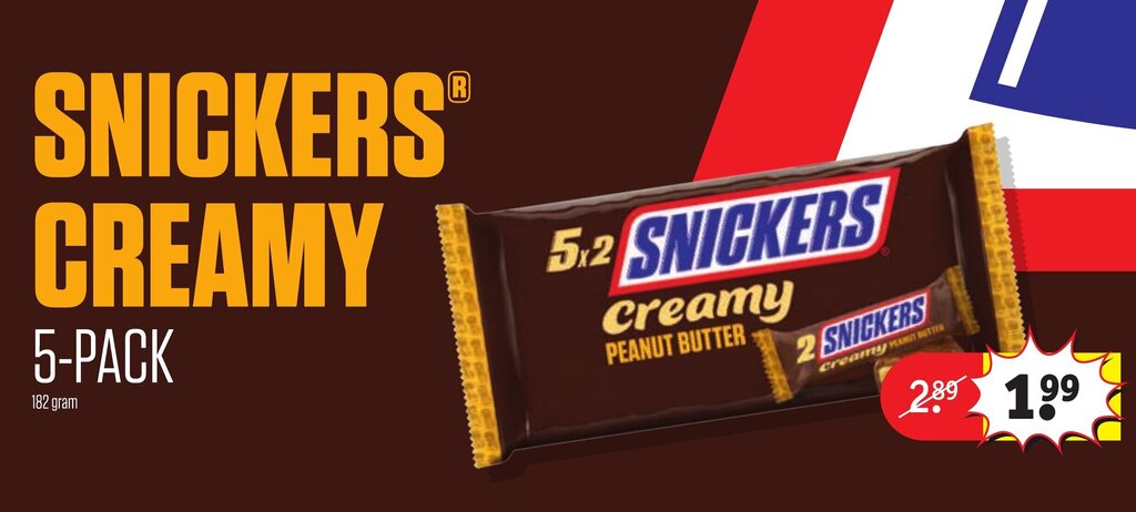 Snickers creamy 5-pack 182g aanbieding bij Kruidvat