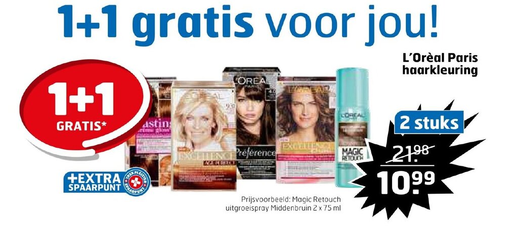 L'oreal paris haarkleuring 2 stuks 1+1 gratis aanbieding bij Trekpleister