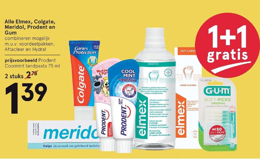 Elmex, Colgate, Meridol, Prodent en Gum 1+1 aanbieding bij Etos