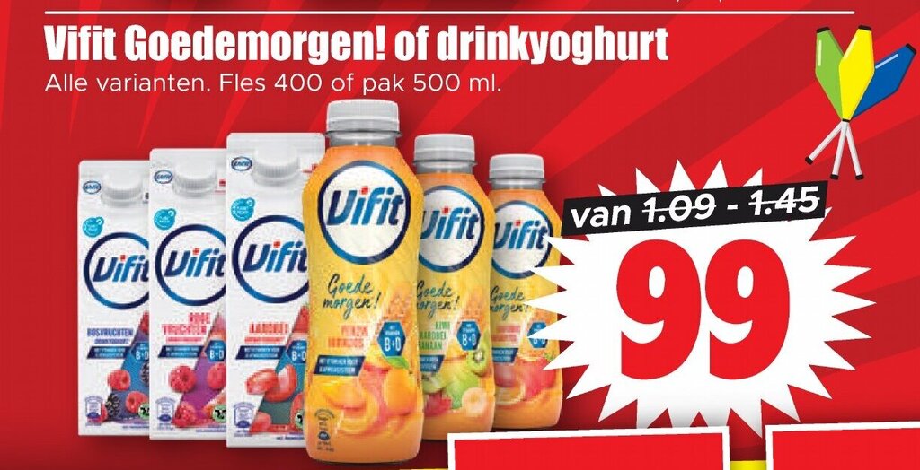 Vifit Goedemorgen! of drinkyoghurt 400 of pak 500 ml aanbieding bij Dirk