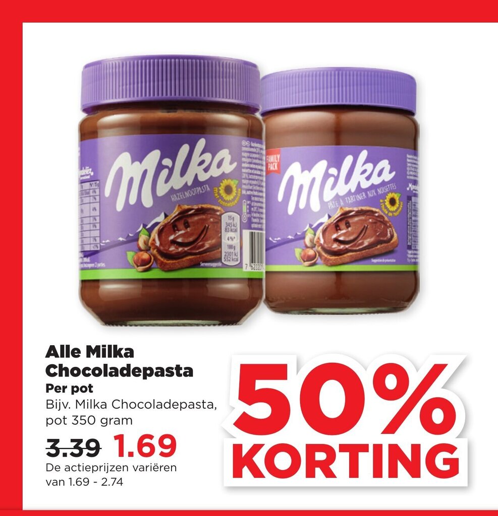 Alle Milka Chocoladepasta 350 gram aanbieding bij PLUS