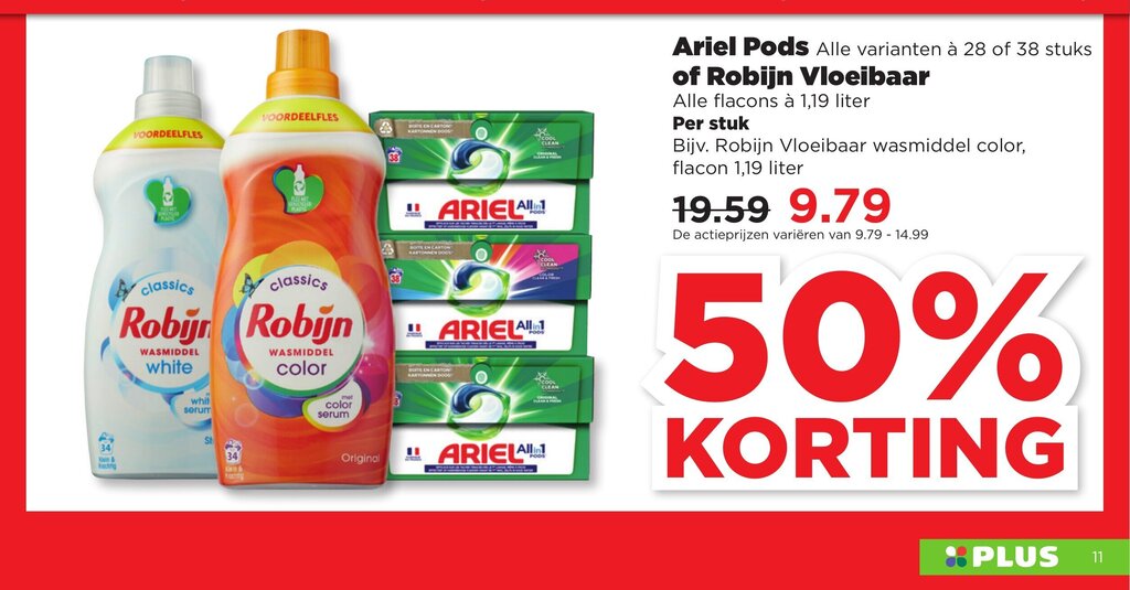 Ariel Pods of Robijn Vloeibaar aanbieding bij PLUS