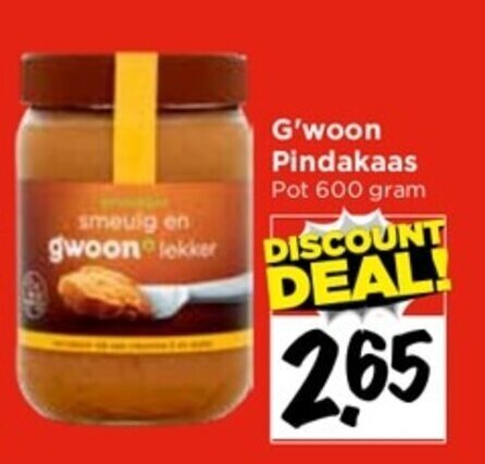 G'woon pindakaas pot 600 gram aanbieding bij Vomar Voordeelmarkt