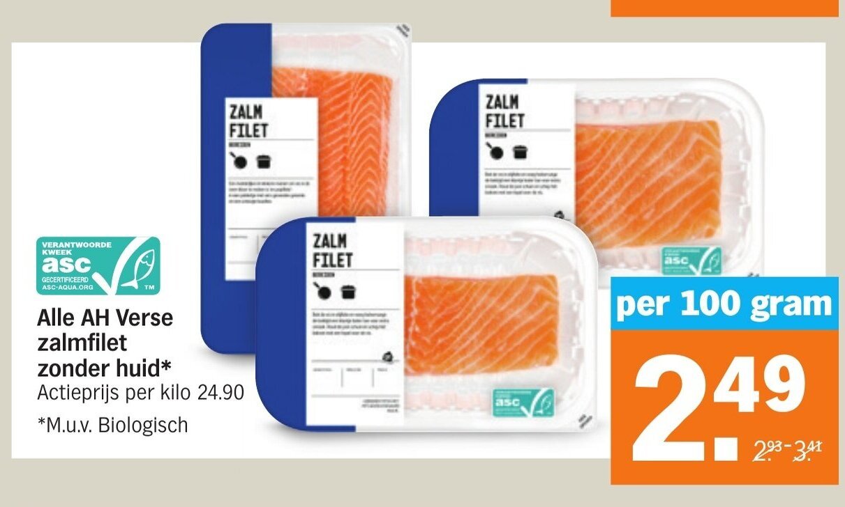 Alle AH Verse zalmfilet zonder huid* 100 gram aanbieding bij Albert Heijn