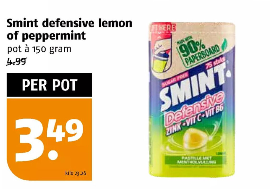 Smint defensive lemon of peppermint 150 gram aanbieding bij Poiesz