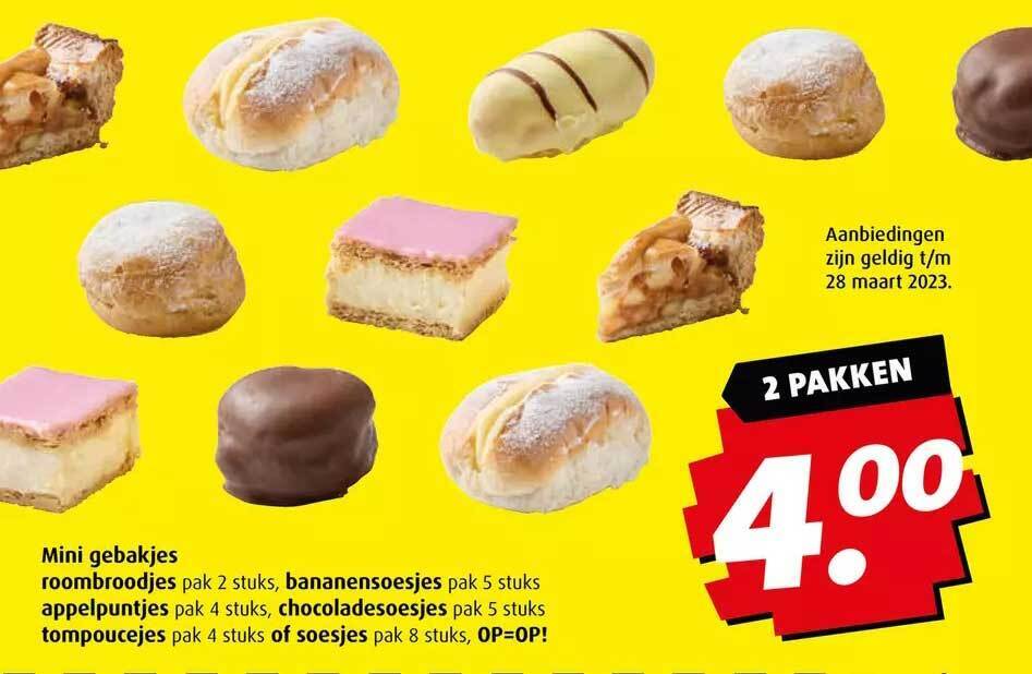 Mini gebakjes roombroodjes, bananensoesjes appelpuntjes ...