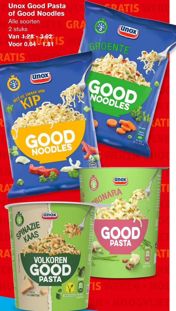 Unox good pasta li of good noodles 1+1 GRATIS aanbieding bij Hoogvliet