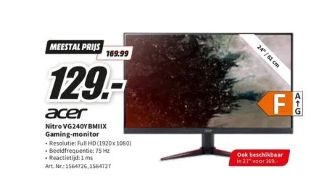 Acer Nitro VG240YBMIIX Gaming-monitor 24" aanbieding bij MediaMarkt