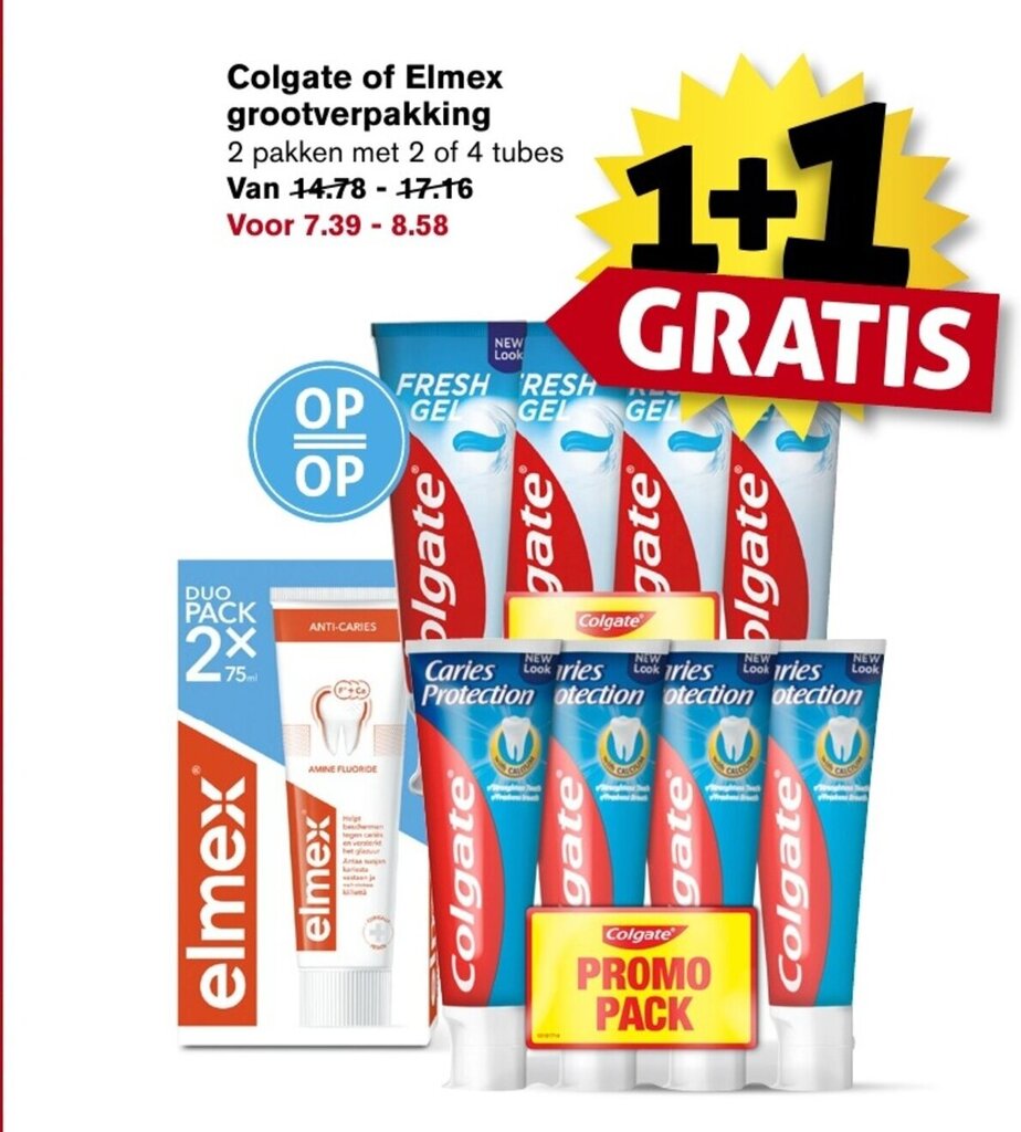 Colgate of Elmex grootverpakking 1+1 gratis aanbieding bij Hoogvliet