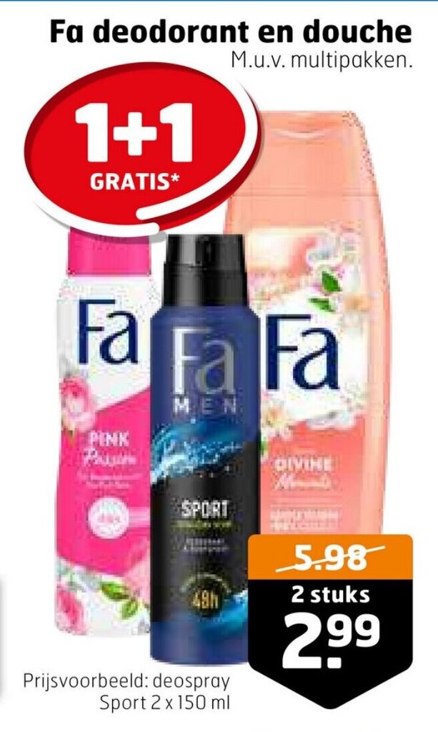 Fa deodorant en douche 2 stuks 1+1 Gratis aanbieding bij Trekpleister