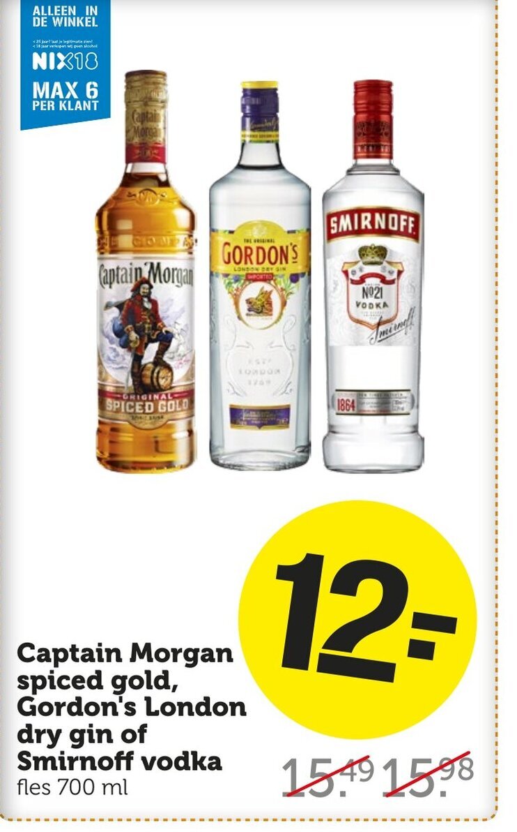 Captain Morgan spiced gold, Gordon's London dry gin of Smirnoff vodka ...