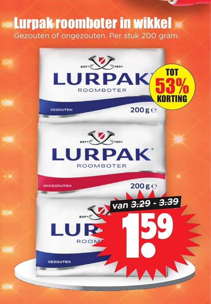 Lurpak roomboter in wikkel aanbieding bij Dirk Lurpak roomboter in wikkel aanbieding bij Dirk