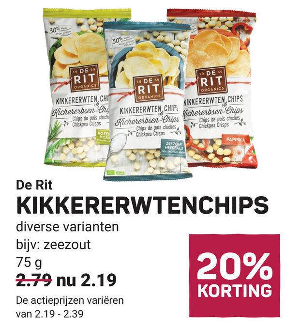 De rit kikkererwtenchips 75g aanbieding bij Ekoplaza