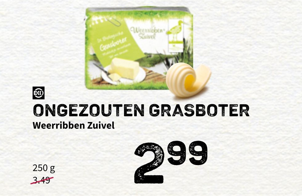 Weerribben Zuivel Ongezouten Grasboter 250g aanbieding bij Ekoplaza