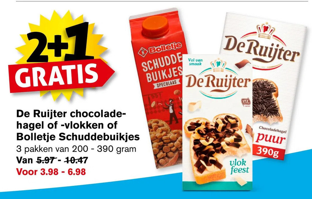De ruijter chocolade- hagel of -vlokken of bolletje schuddebuikjes 2+1 ...