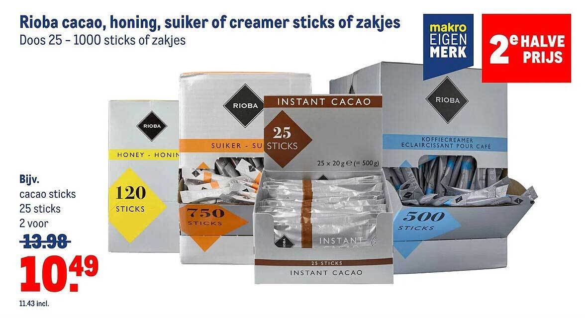 Rioba cacao, honing, suiker of creamer sticks of zakjes aanbieding bij ...