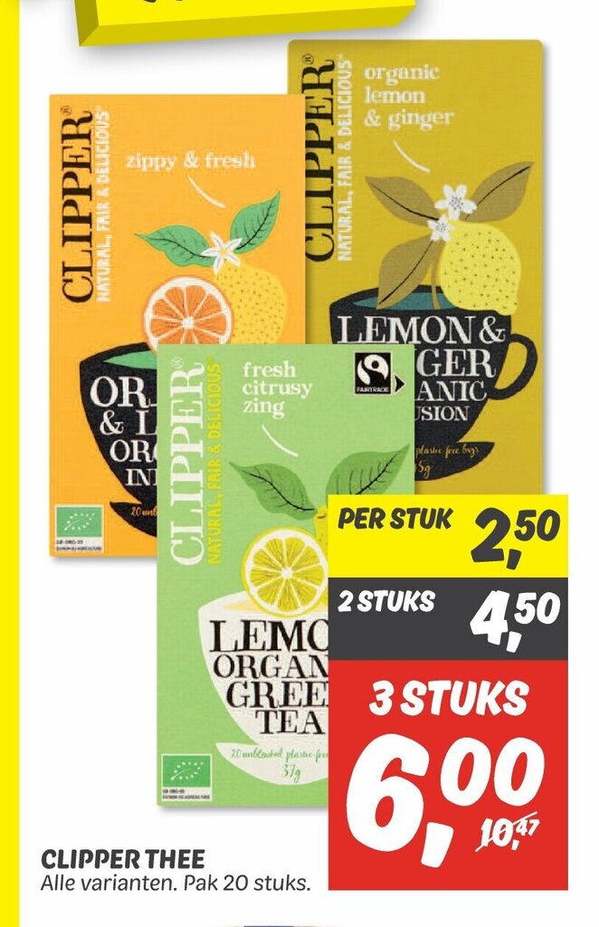 Clipper thee pak 20 stuks 3 stuks aanbieding bij Dekamarkt
