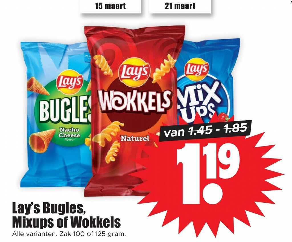Lay's Bugles, Mixups of Wokkels zak 100 of 125 gram aanbieding bij Dirk