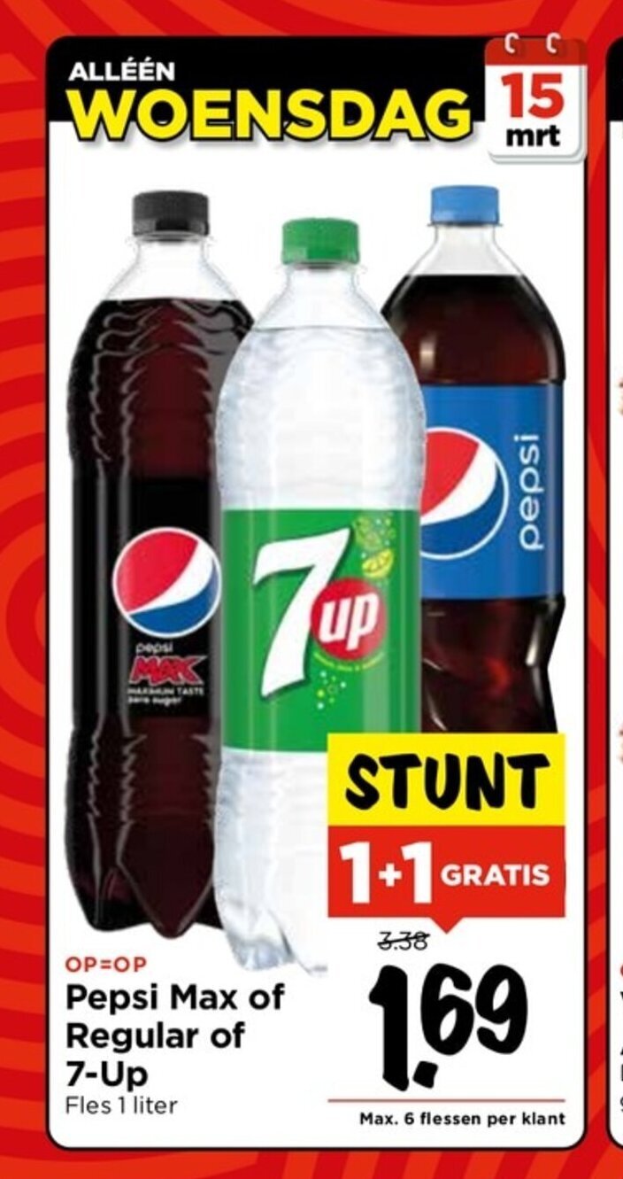Pepsi Max of Regular of 7-Up 1 liter aanbieding bij Vomar