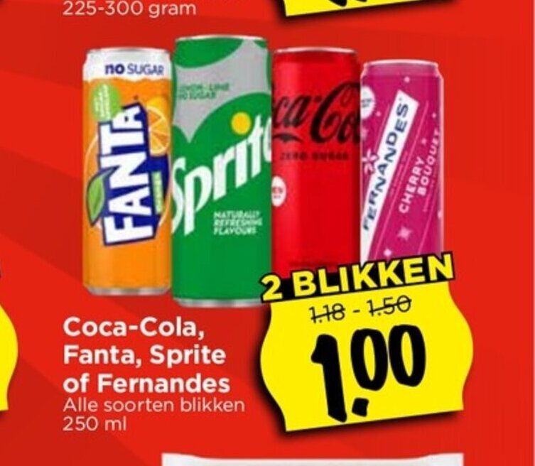 Coca-Cola, Fanta, Sprite of Fernandes 250 ml 2 blikken aanbieding bij ...