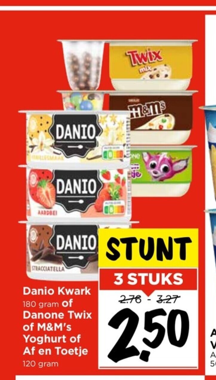 Danio kwark of Danone Twix of M&M's yoghurt og Af en Toetje 120 gram 3 ...