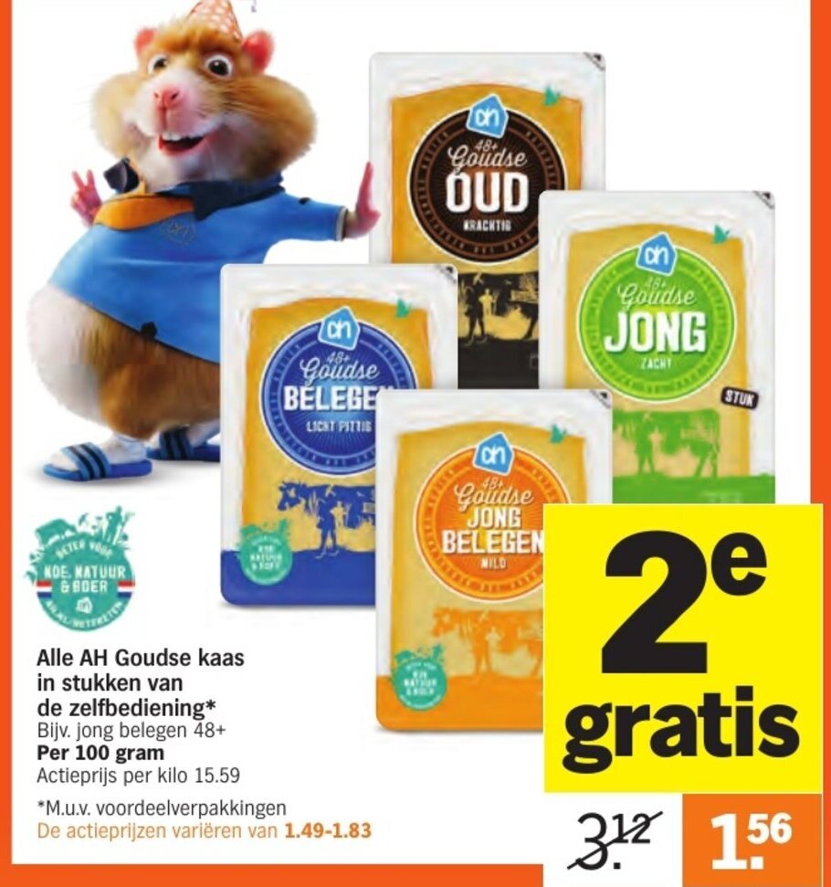 Alle AH goudse kaas in stukken van de zelfbediening 100g aanbieding bij ...