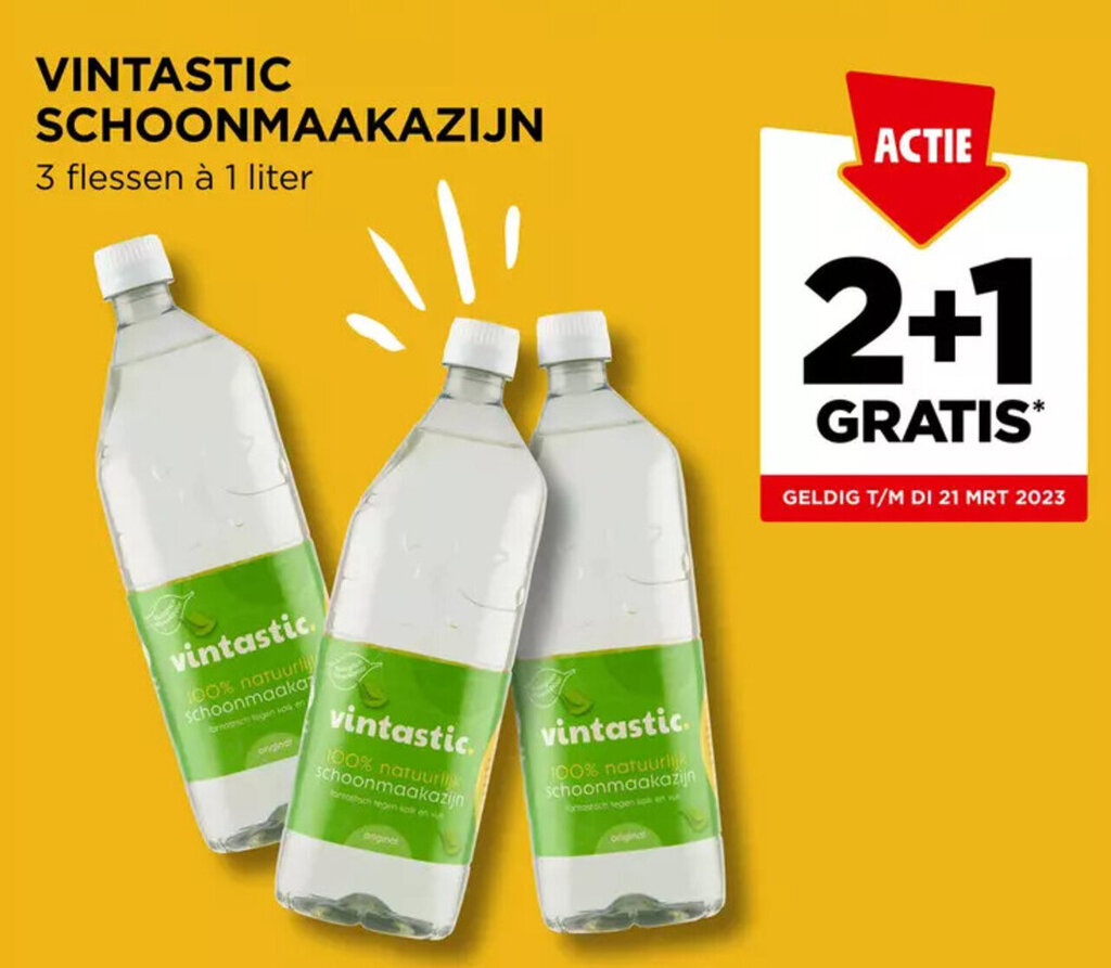 Vintastic schoonmaakazijn 1 liter 2+1 gratis aanbieding bij Jumbo