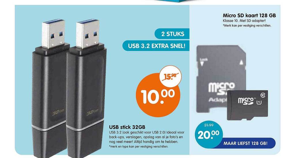 Usb stick 32gb of micro sd kaart 128 gb aanbieding bij Plentyparts