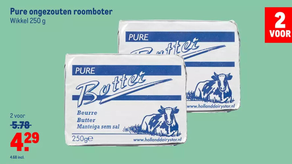 Pure Ongezouten Roomboter Wikkel 250g aanbieding bij Makro