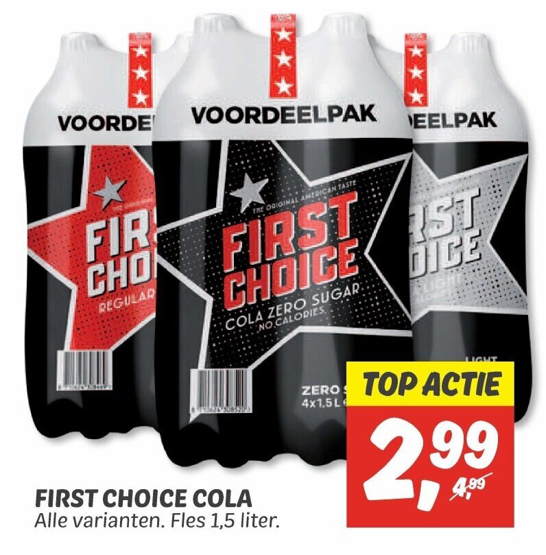 First choice cola 1,5 liter aanbieding bij Dekamarkt
