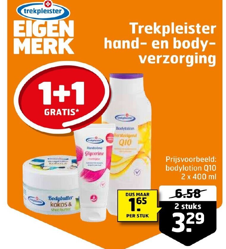 Hand- en body- verzorging 2 stuks 1+1 Gratis aanbieding bij Trekpleister