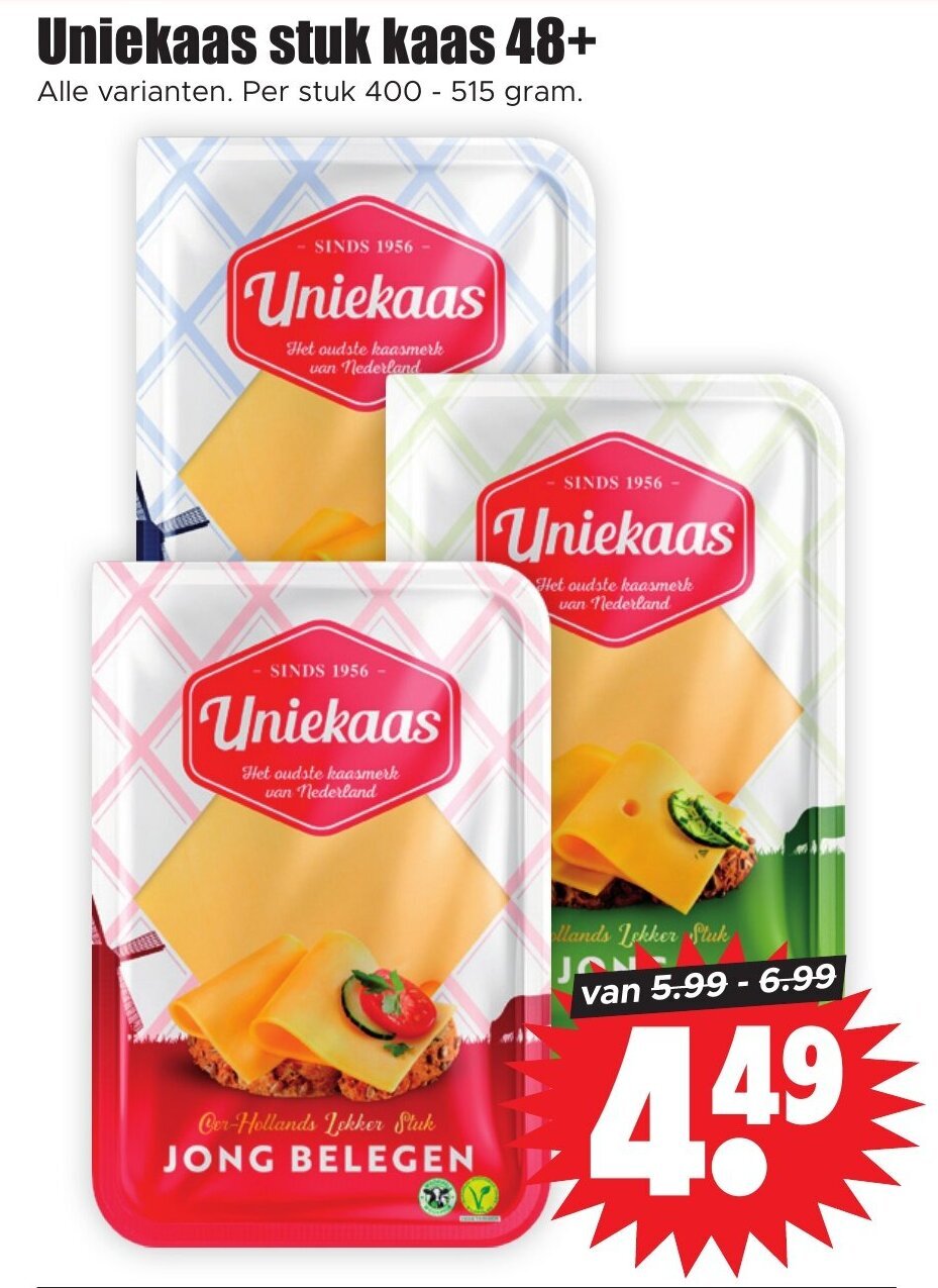 Uniekaas stuk kaas 48+ 400-515g aanbieding bij Dirk